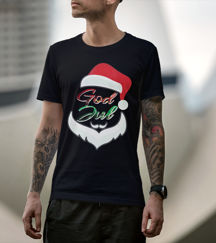 God Jul Norwegian Merry Christmas Santa Hat And Beard Design Norway T-Shirt