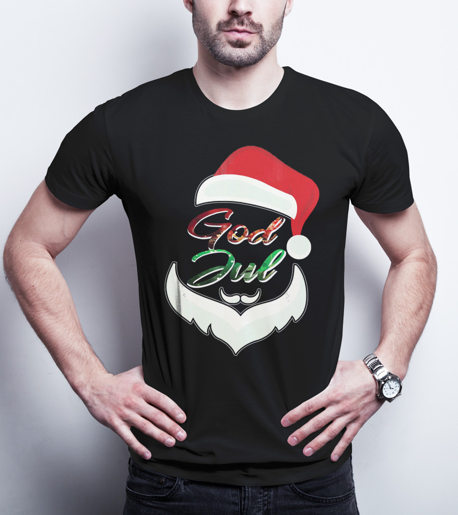 God Jul Norwegian Merry Christmas Santa Hat And Beard Design Norway T-Shirt