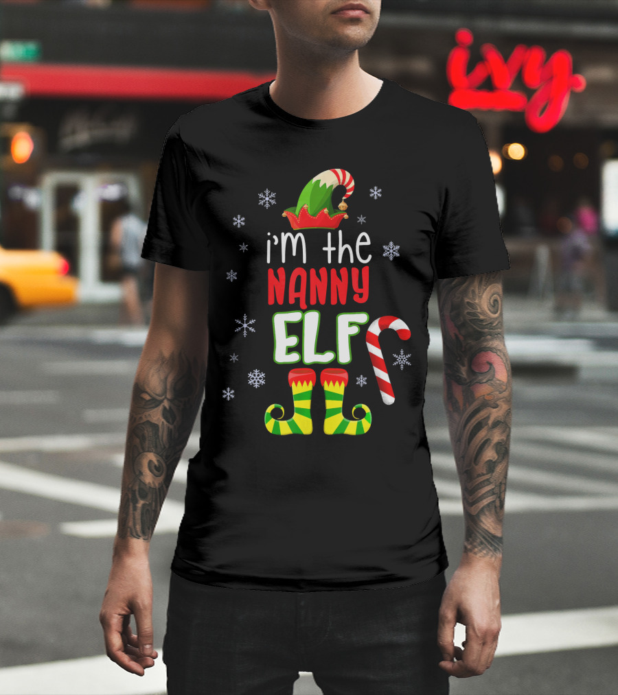 I'm The Nanny Elf Christmas Snowflakes Candy Cane Hat Boots T-Shirt