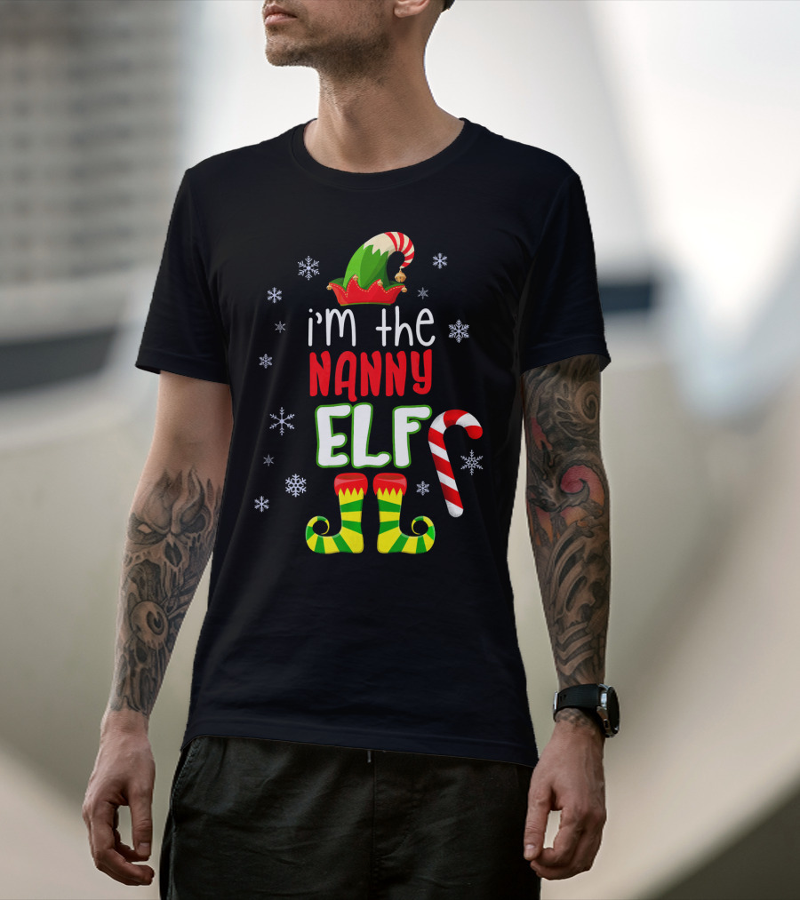 I'm The Nanny Elf Christmas Snowflakes Candy Cane Hat Boots T-Shirt