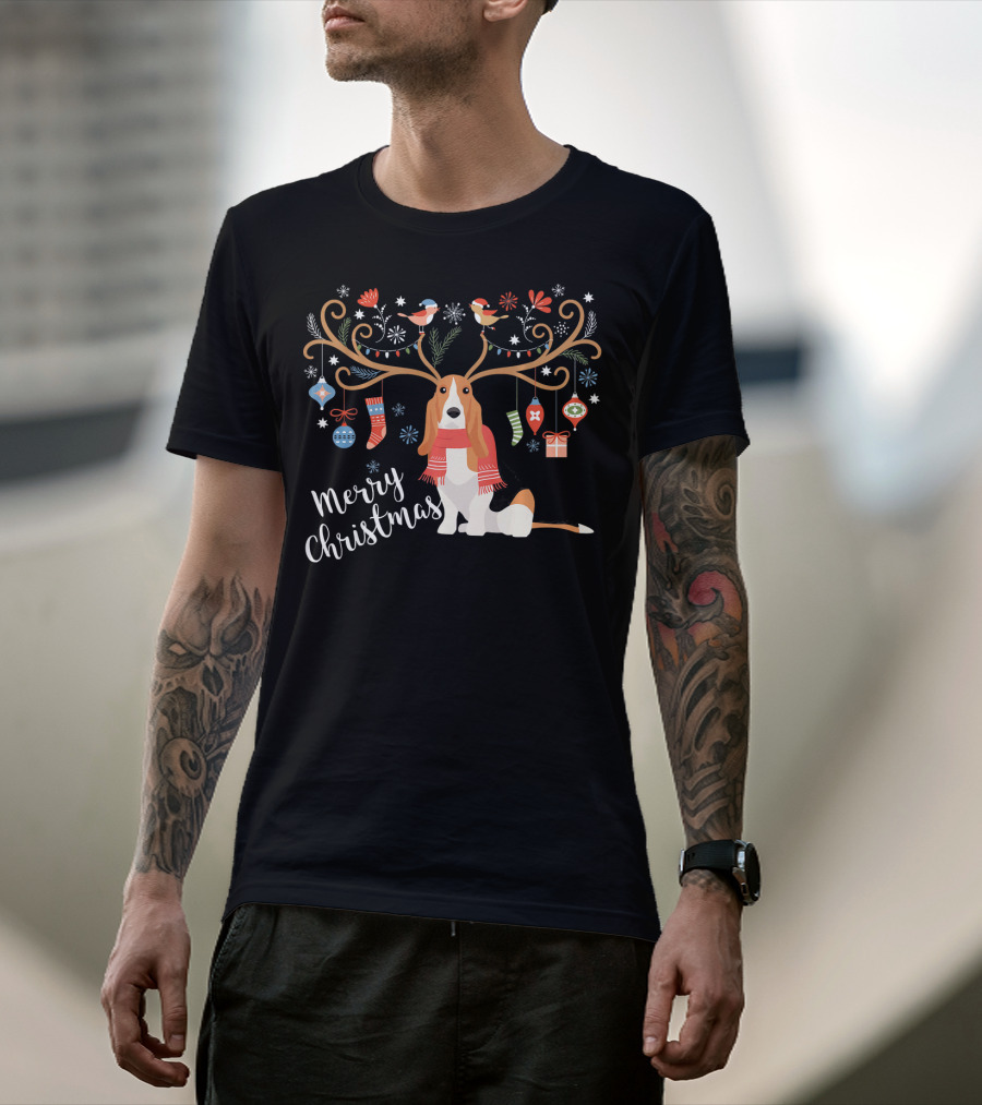Merry Christmas Basset Hound Reindeer Antlers Ornaments T-Shirt