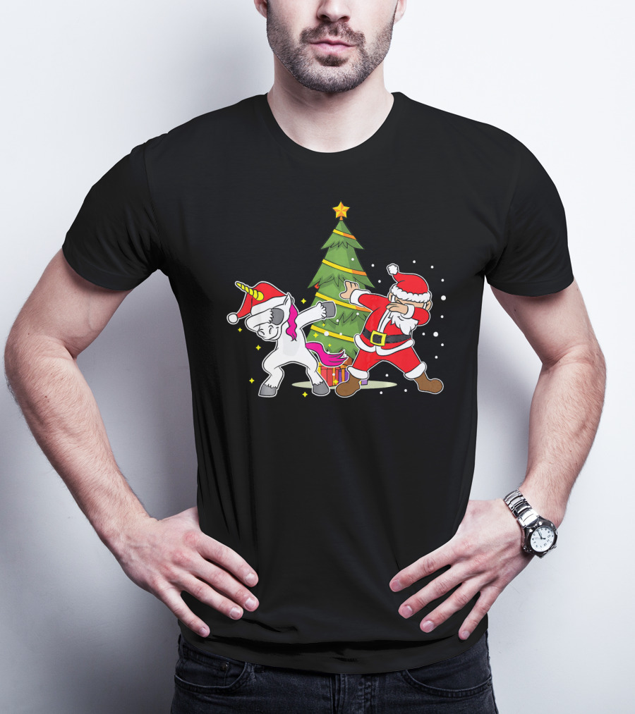 Dabbing Unicorn Xmas Christmas Santa Dance By Tree T-Shirt
