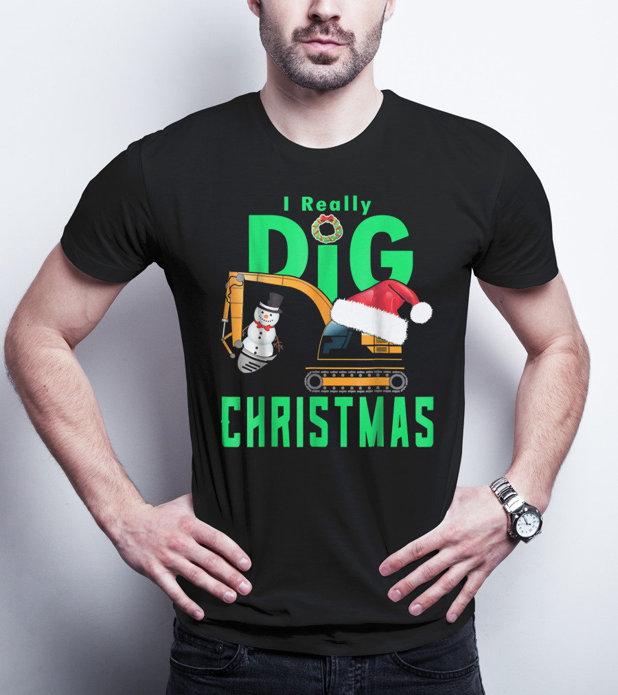 I Really Dig Christmas Snowman Santa Hat Excavator T-Shirt