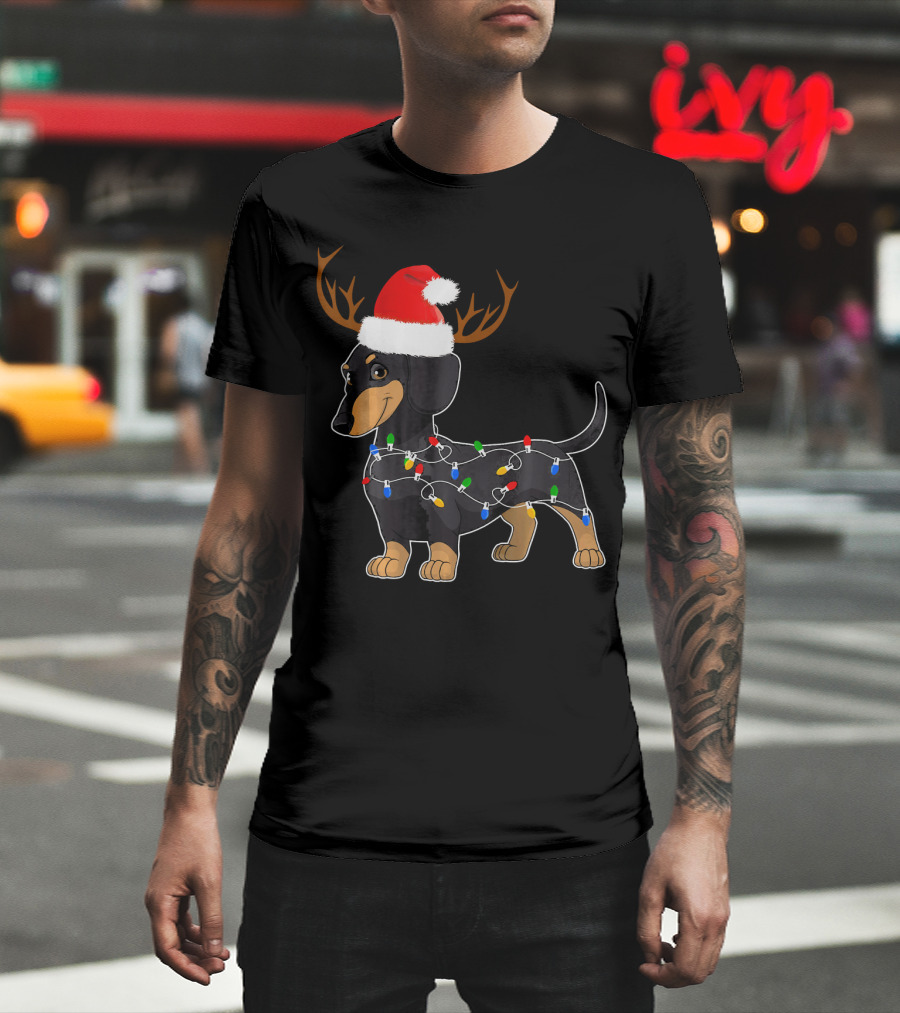 Dachshund Christmas Reindeer With Santa Hat And Holiday Lights T-Shirt