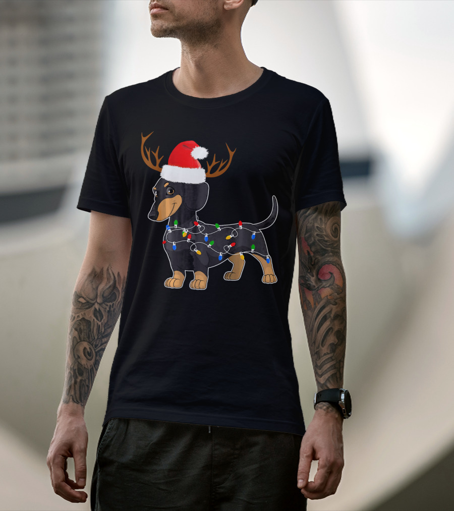 Dachshund Christmas Reindeer With Santa Hat And Holiday Lights T-Shirt