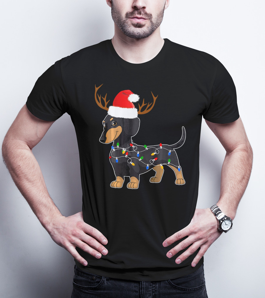 Dachshund Christmas Reindeer With Santa Hat And Holiday Lights T-Shirt