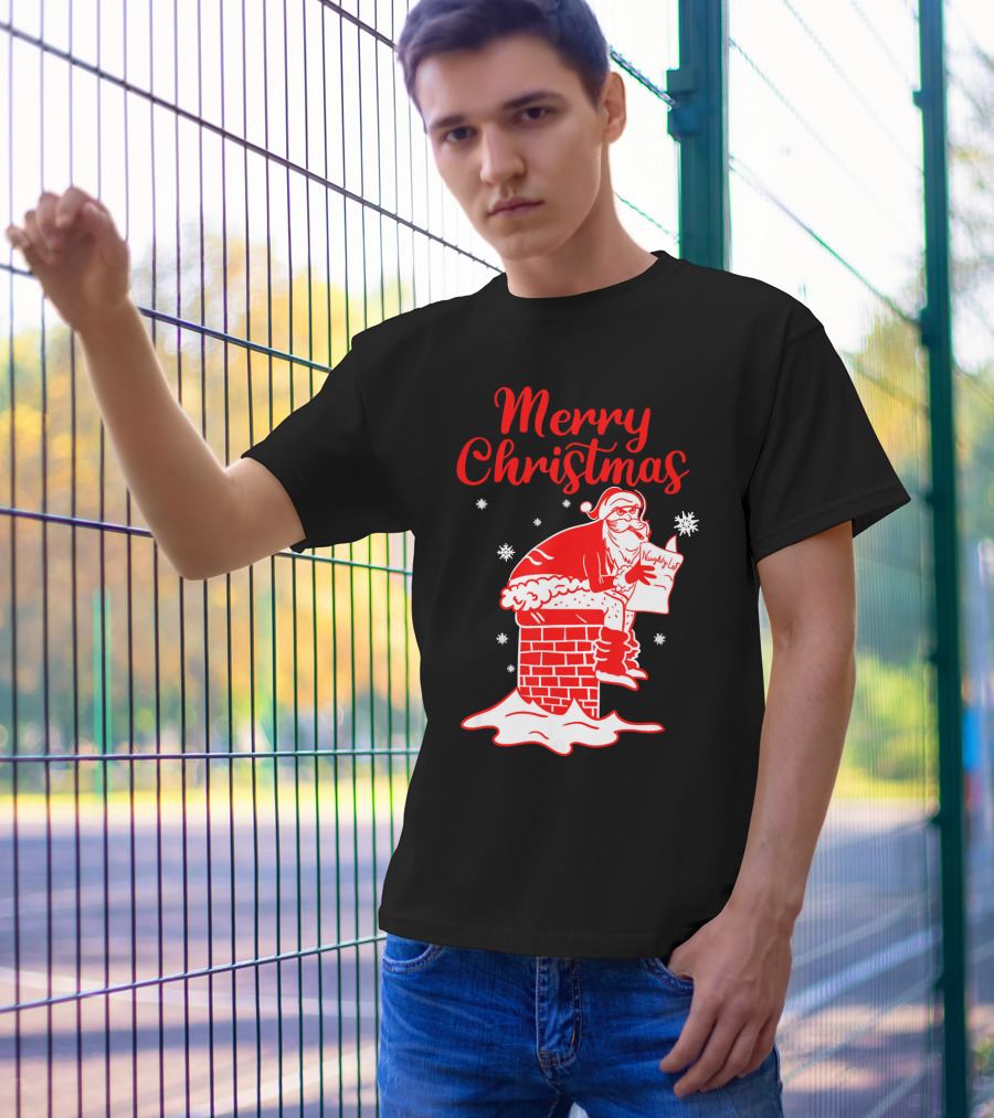 Merry Christmas Santa Pooping Naughty List Snowflakes Chimney T-Shirt