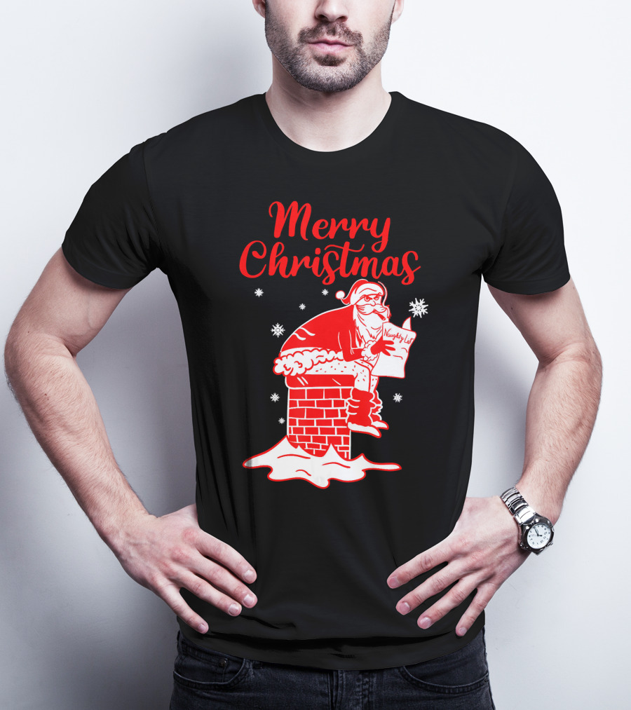 Merry Christmas Santa Pooping Naughty List Snowflakes Chimney T-Shirt