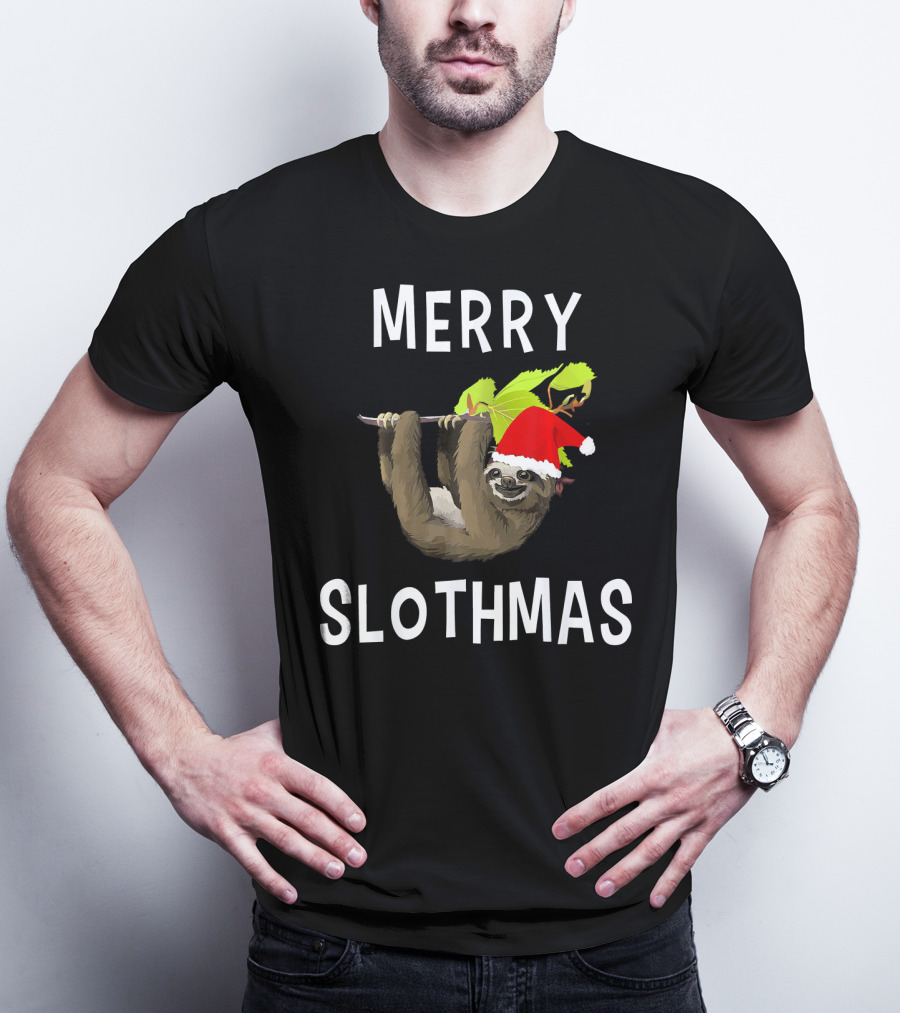 Merry Slothmas Hanging Sloth In Santa Hat With Leaves T-Shirt