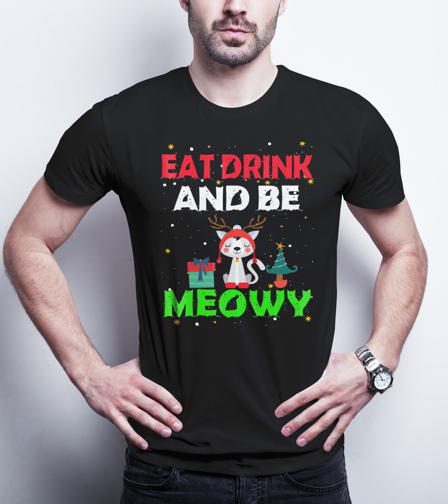 Eat Drink And Be Meowy Cat With Reindeer Antlers Holiday Motif T-Shirt