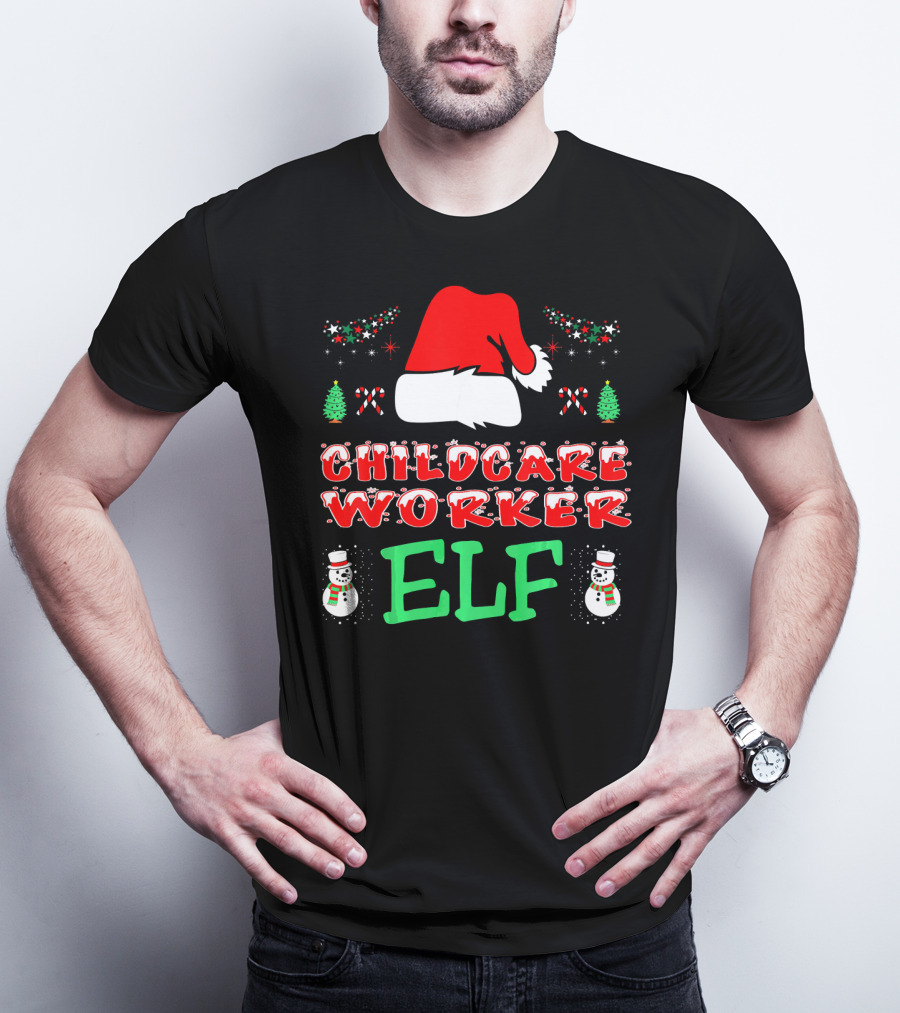 Childcare Worker Elf Santa Hat Candy Canes Snowmen Christmas Trees T-Shirt