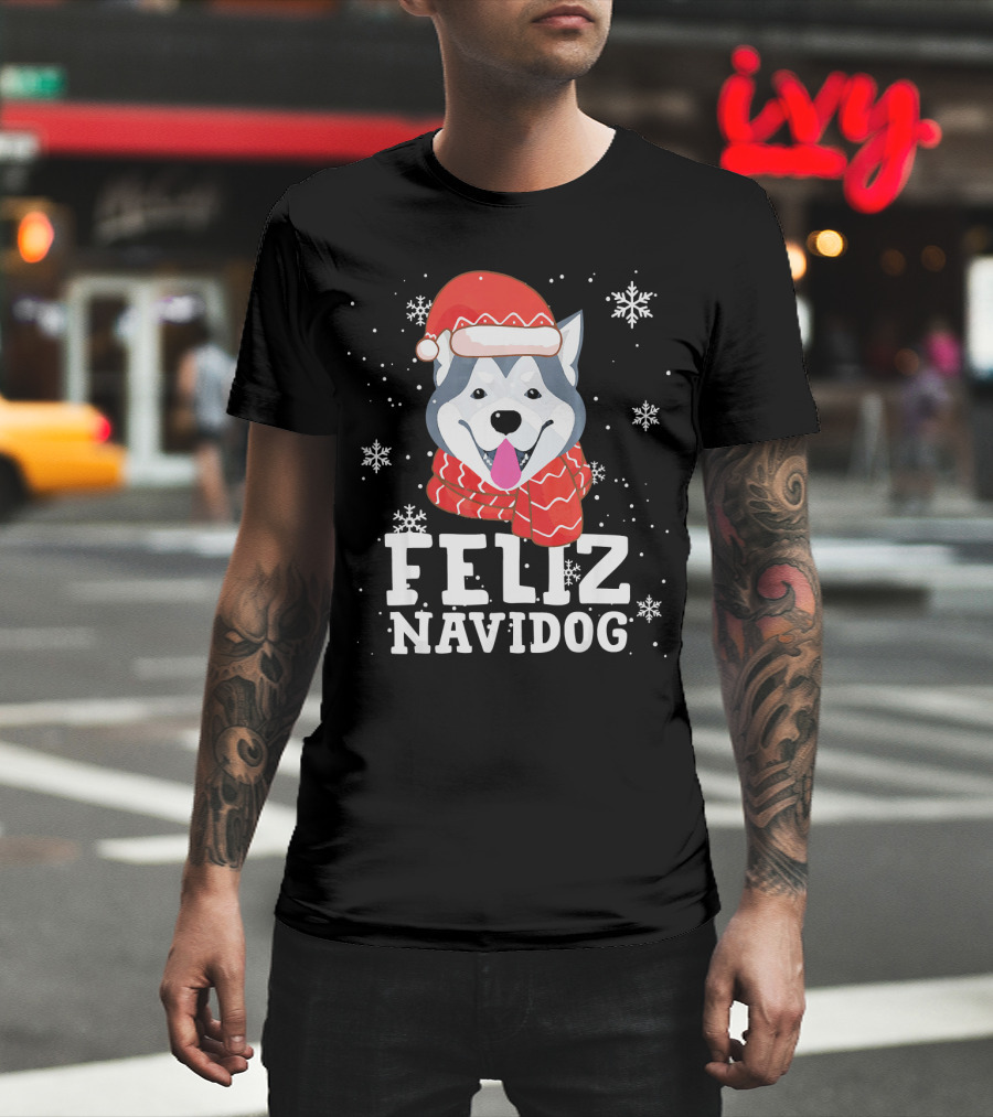 Feliz Navidog Husky Siberian Dog Festive Holiday Santa Hat And Snowflakes T-Shirt