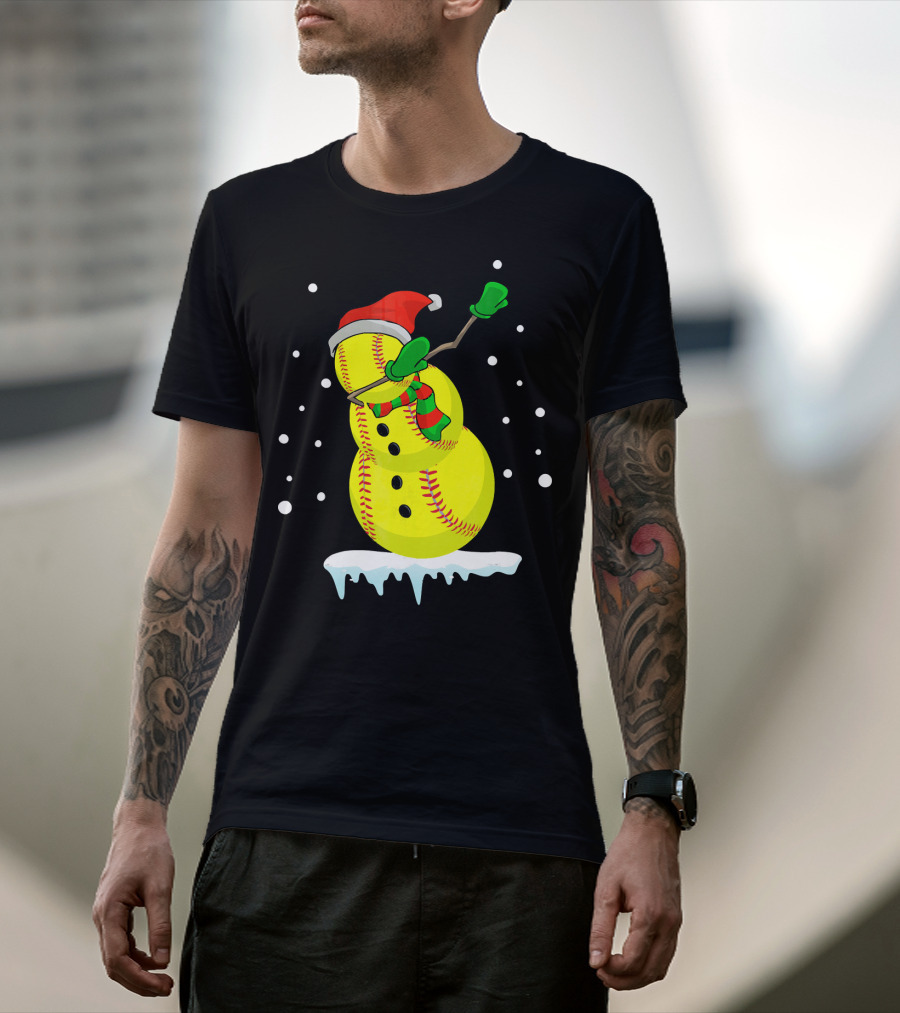 Dabbing Snowman Softball Christmas Fun T-Shirt