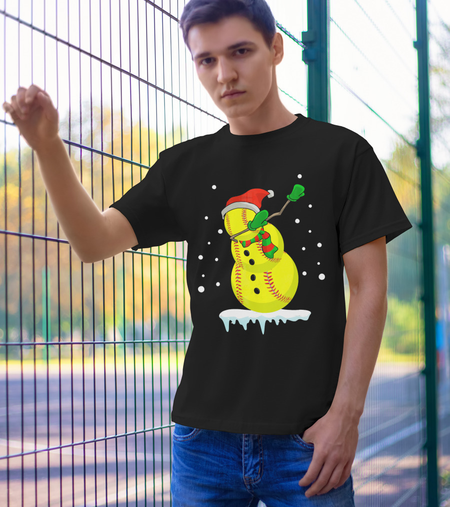 Dabbing Snowman Softball Christmas Fun T-Shirt