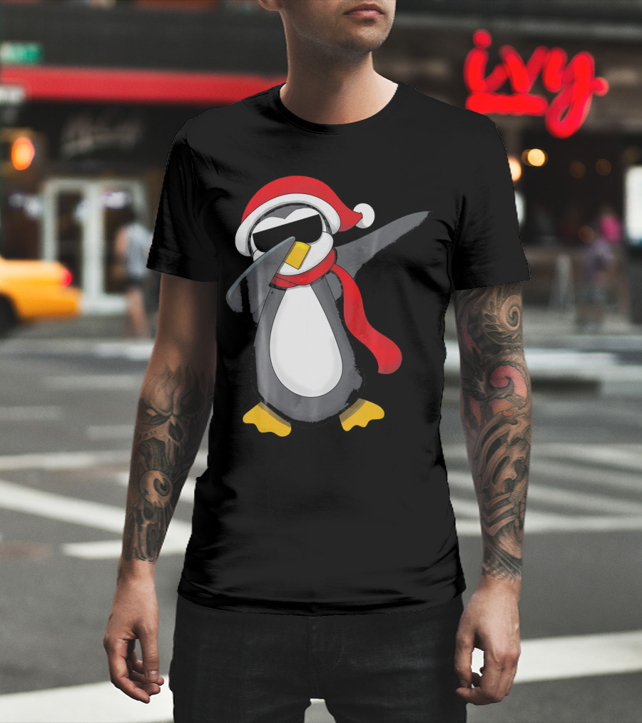 Dabbing Penguin Christmas Mornin Santa Hat Scarf Holiday Fun T-Shirt