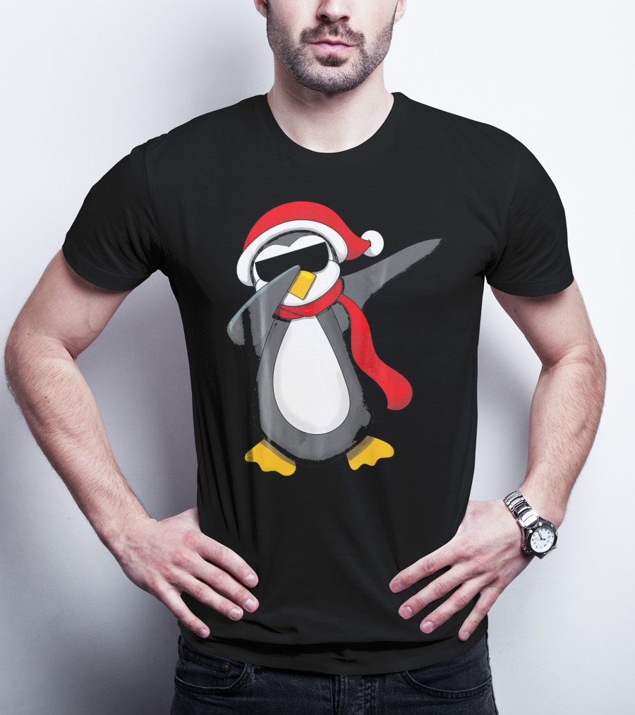 Dabbing Penguin Christmas Mornin Santa Hat Scarf Holiday Fun T-Shirt