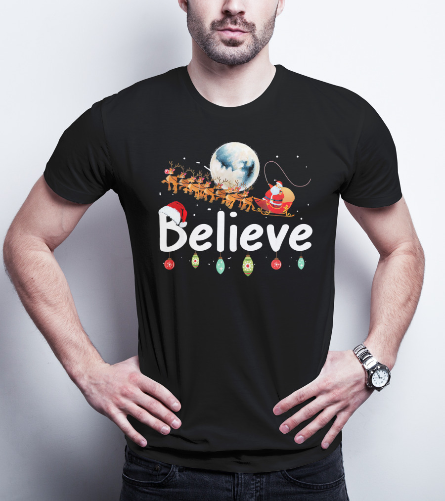 Believe Santa Sleigh Reindeer Moon Christmas Xmas T-Shirt