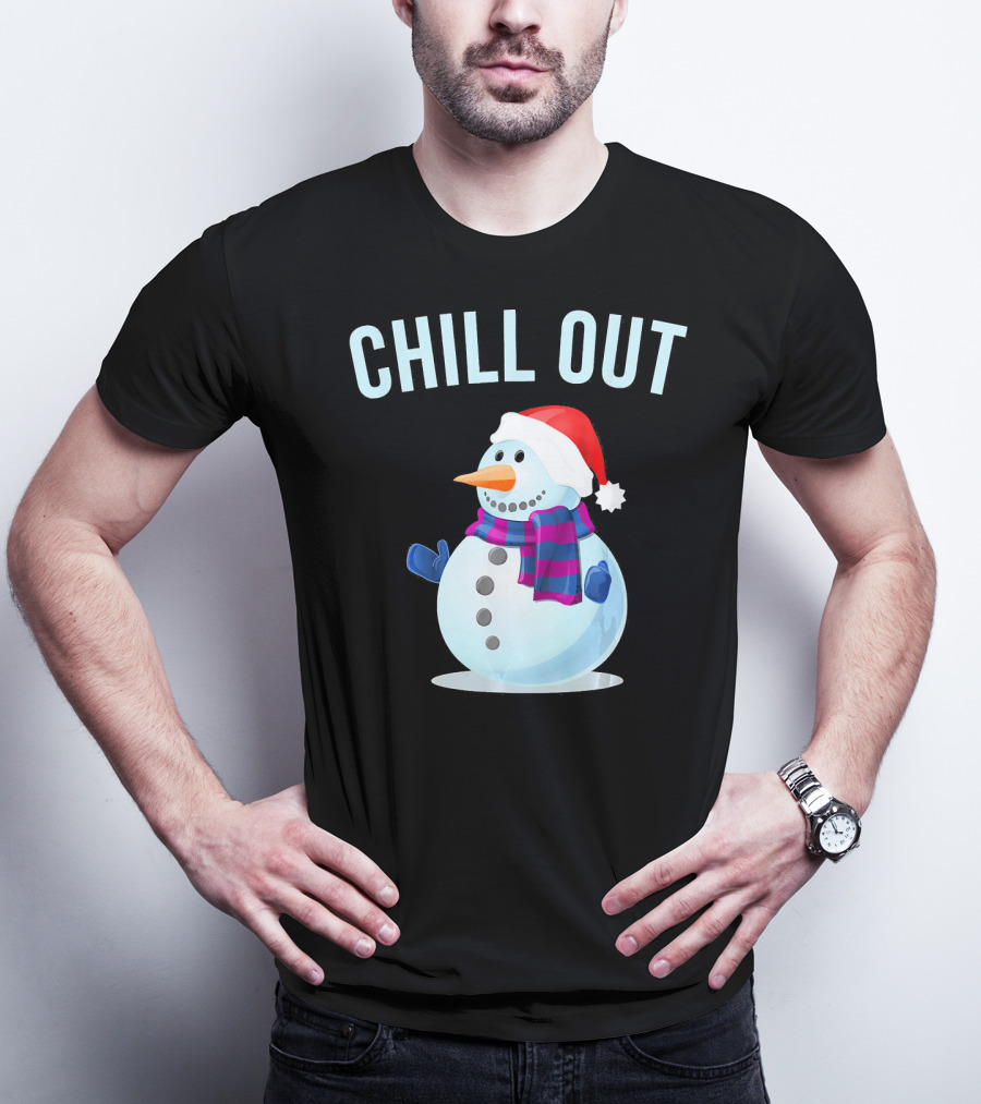 Chill Out Snowman Santa Hat And Scarf Winter Vibes T-Shirt