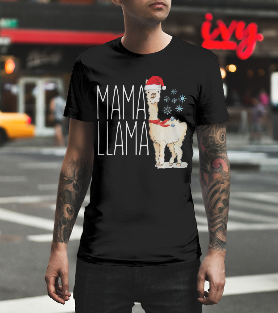 Mama Llama Christmas Snowflakes Santa Hat T-Shirt