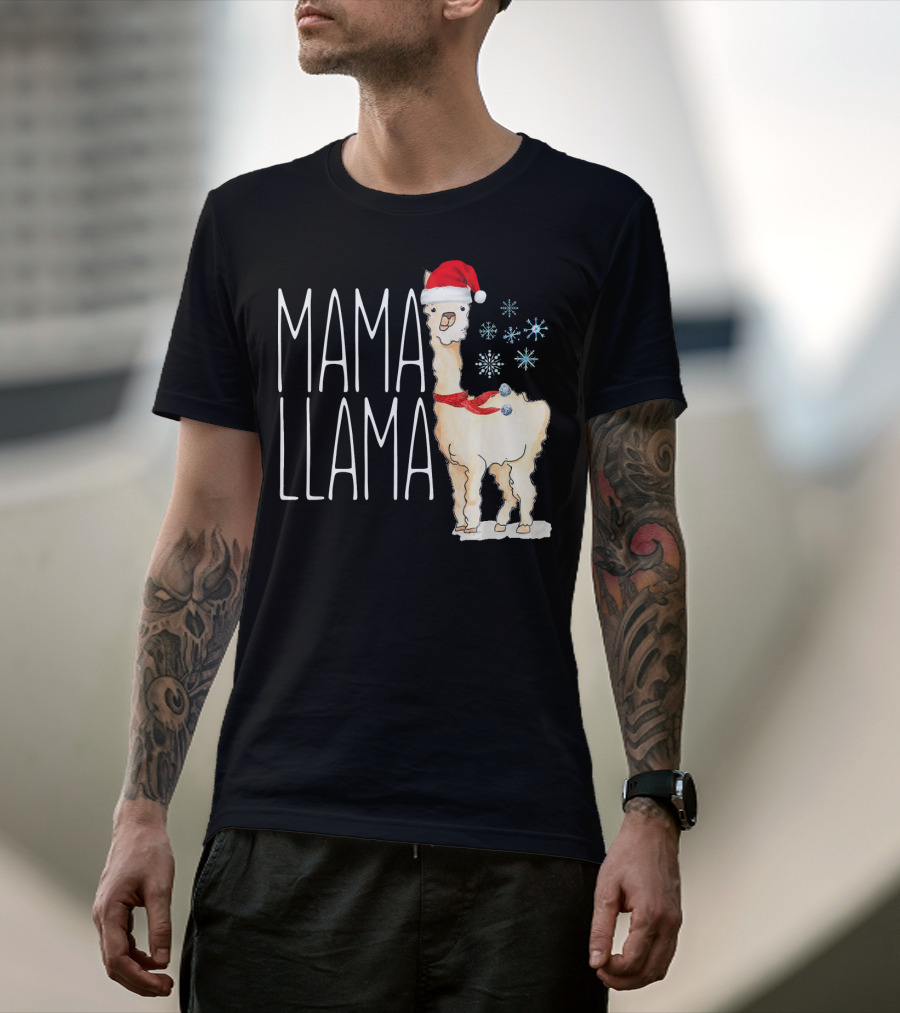 Mama Llama Christmas Snowflakes Santa Hat T-Shirt