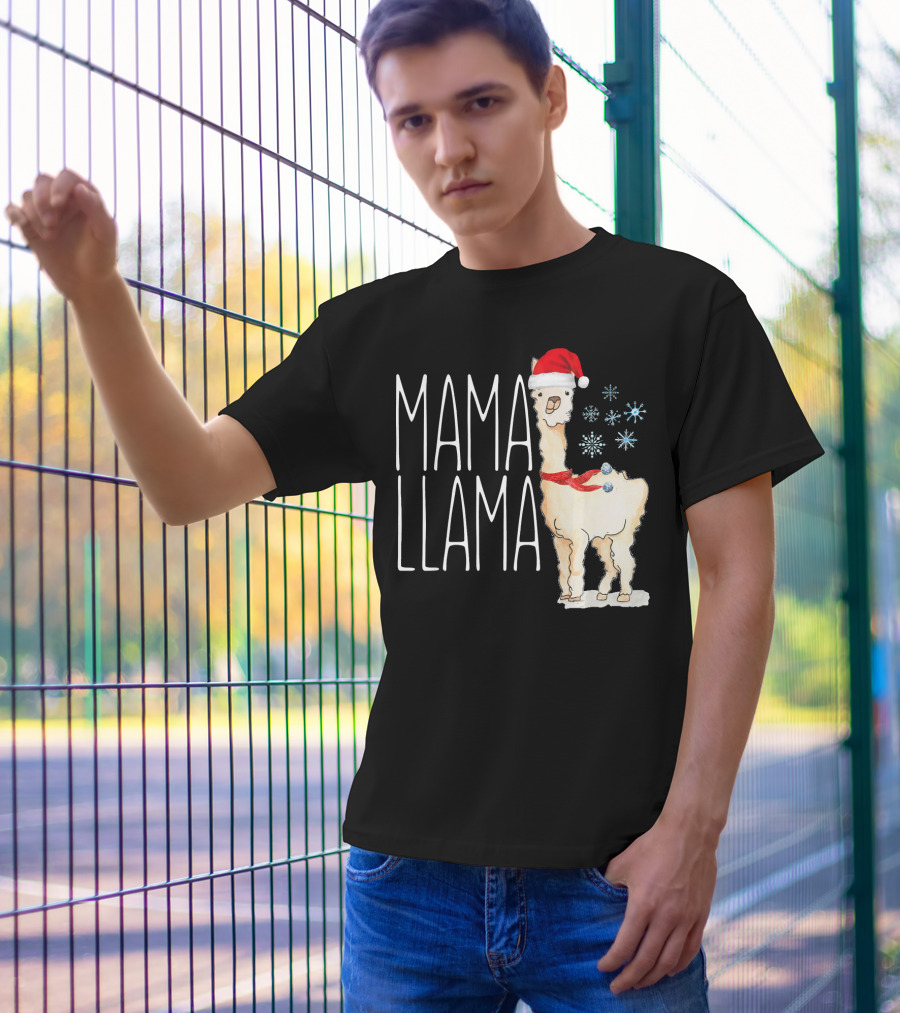 Mama Llama Christmas Snowflakes Santa Hat T-Shirt
