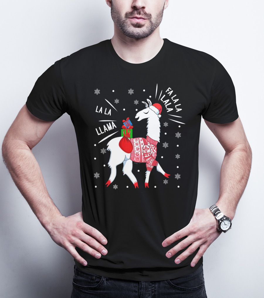 Fa La La Fa La La La La Llama Christmas Santa Hat Sweater Snowflakes T-Shirt