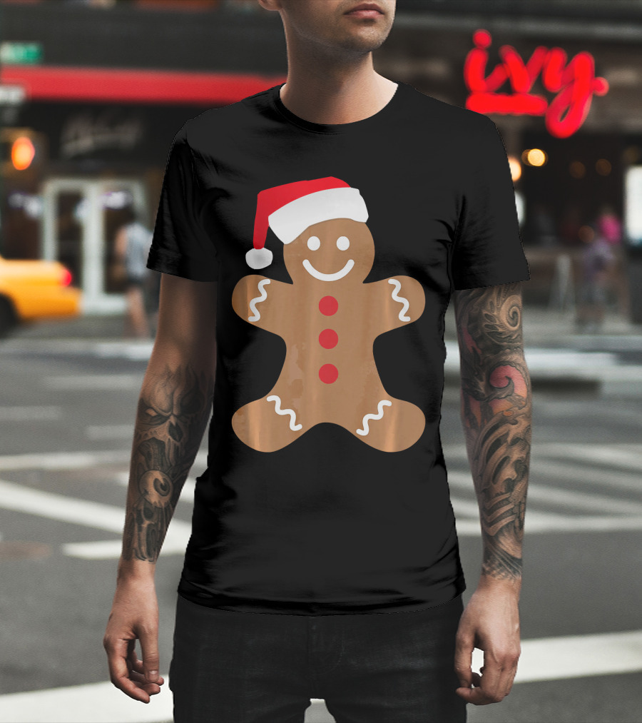 Gingerbread Man With Santa Hat Christmas T-Shirt