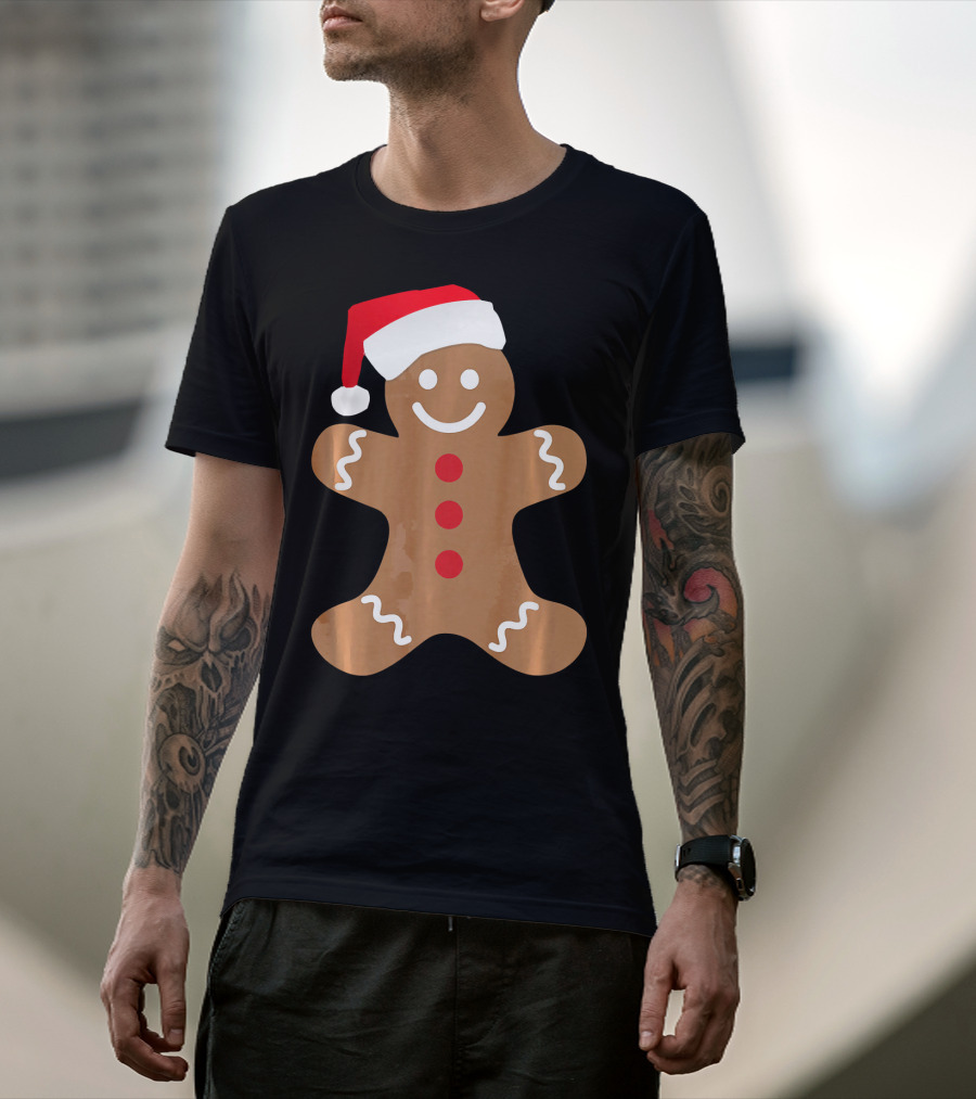 Gingerbread Man With Santa Hat Christmas T-Shirt