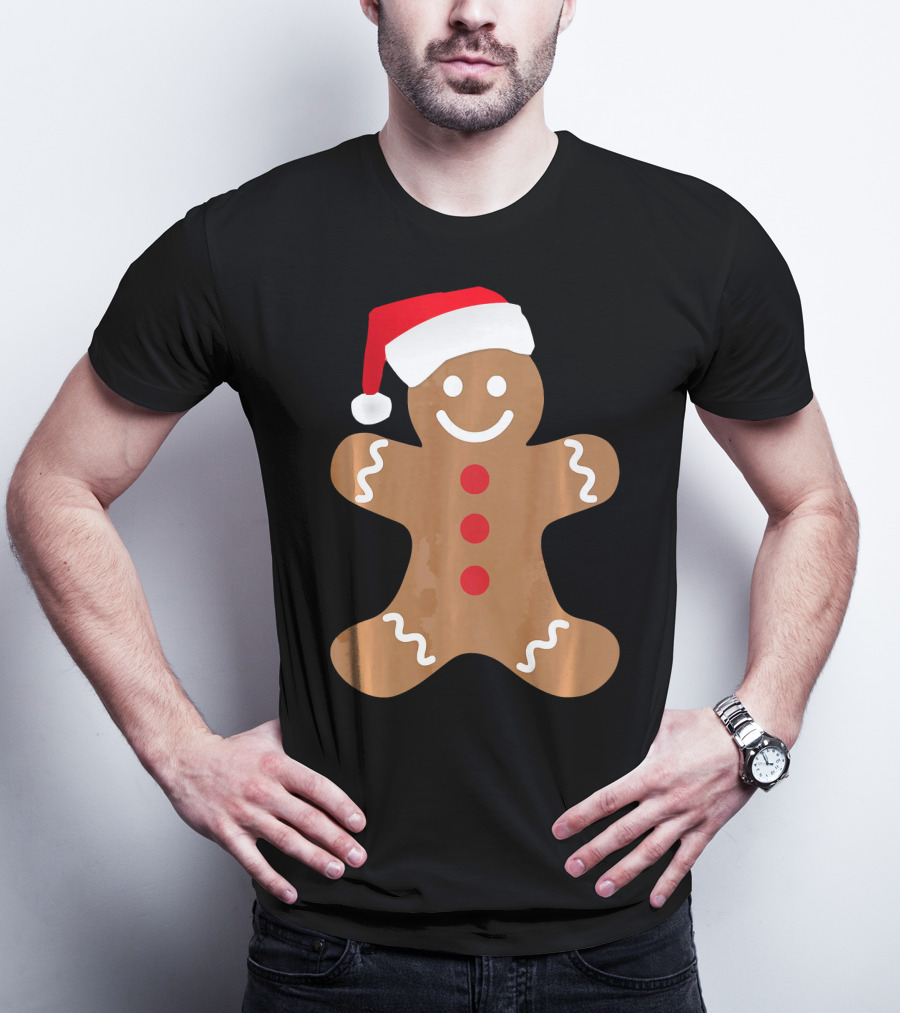 Gingerbread Man With Santa Hat Christmas T-Shirt