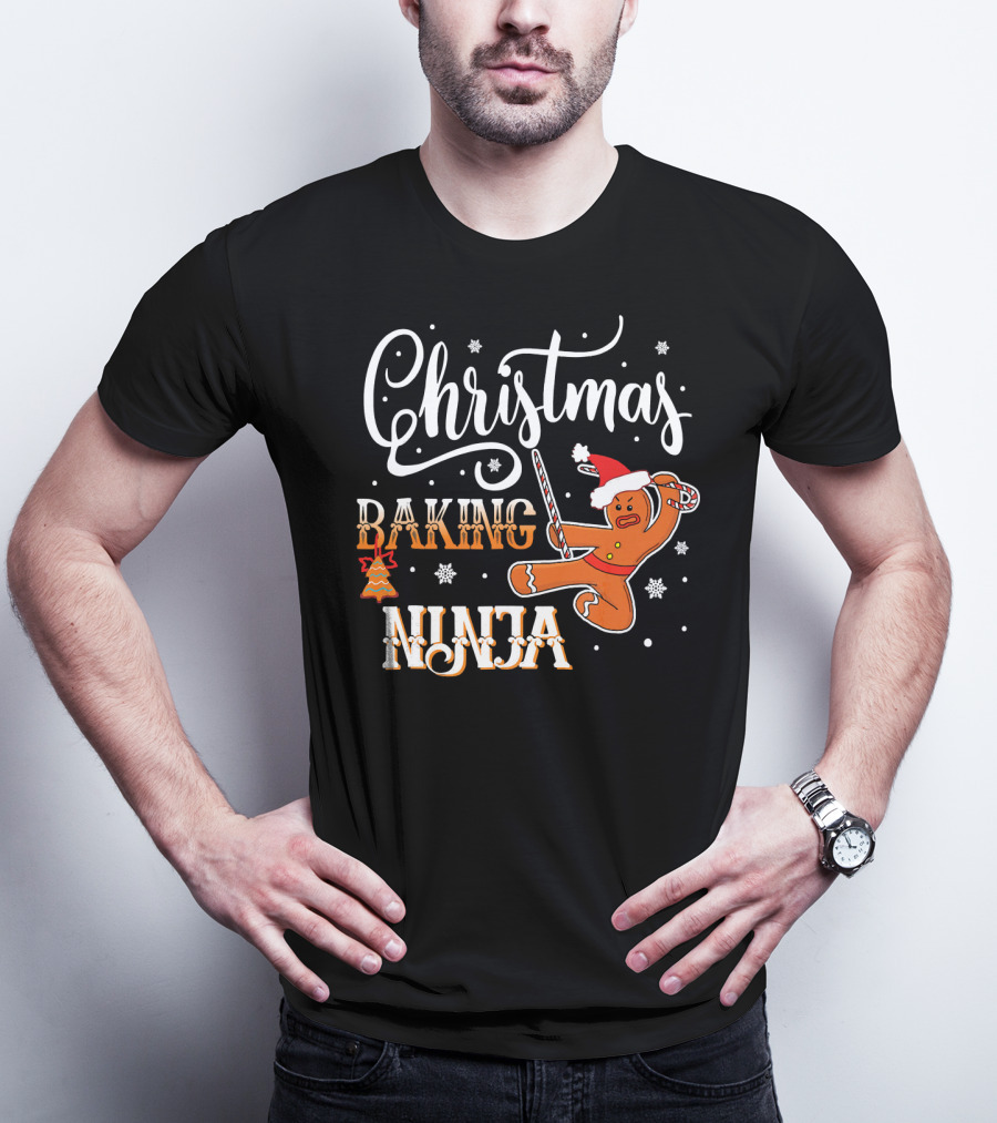 Christmas Baking Ninja Gingerbread With Santa Hat And Candy Cane T-Shirt