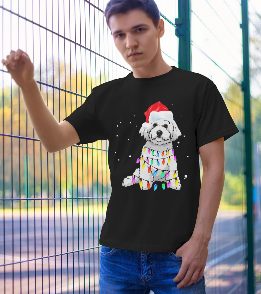 Bichon Frise With Christmas Lights And Santa Hat T-Shirt