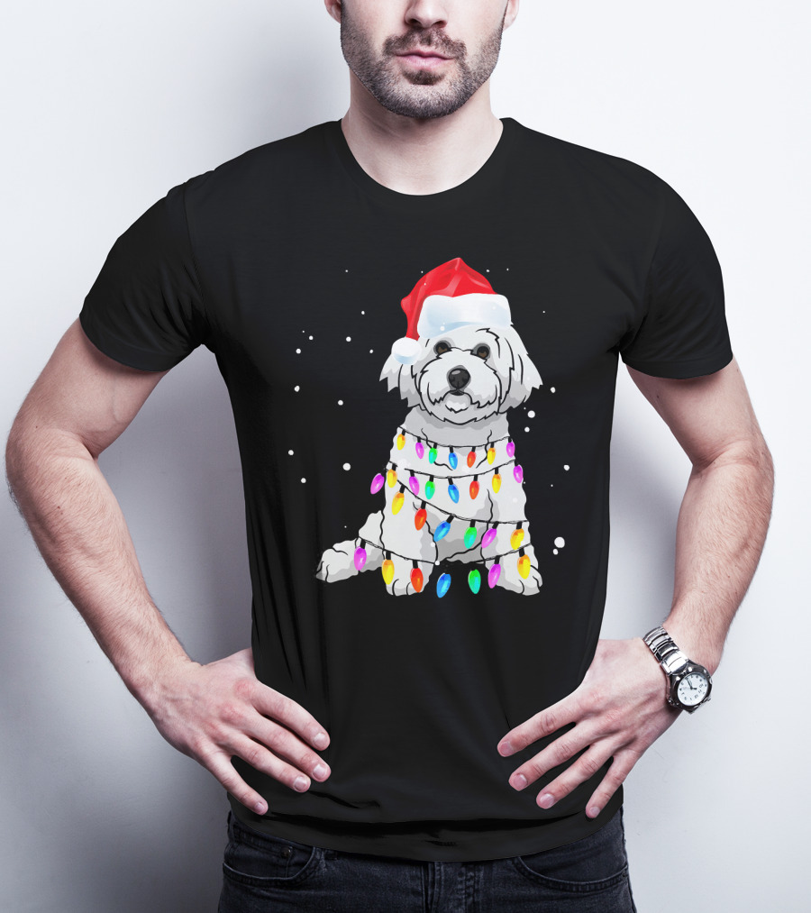 Bichon Frise With Christmas Lights And Santa Hat T-Shirt
