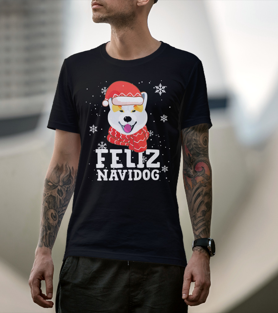 Feliz Navidog Shiba Inu Santa Hat Snowflakes T-Shirt