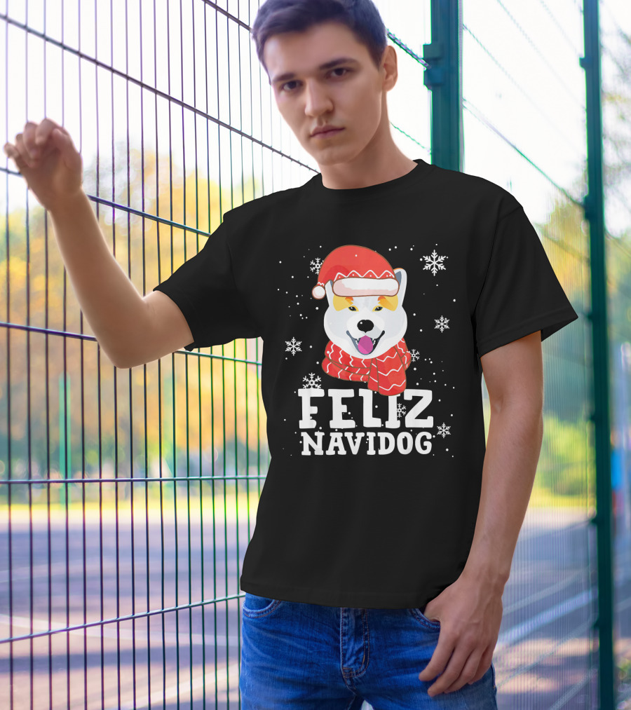 Feliz Navidog Shiba Inu Santa Hat Snowflakes T-Shirt