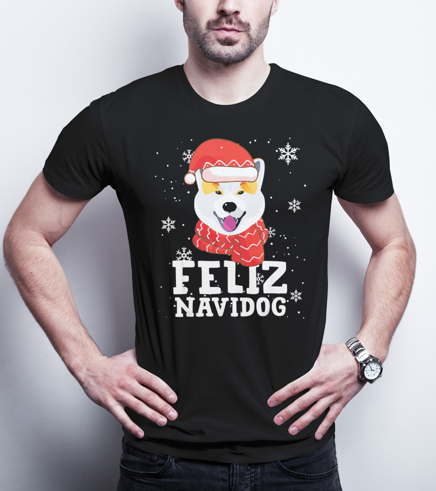 Feliz Navidog Shiba Inu Santa Hat Snowflakes T-Shirt