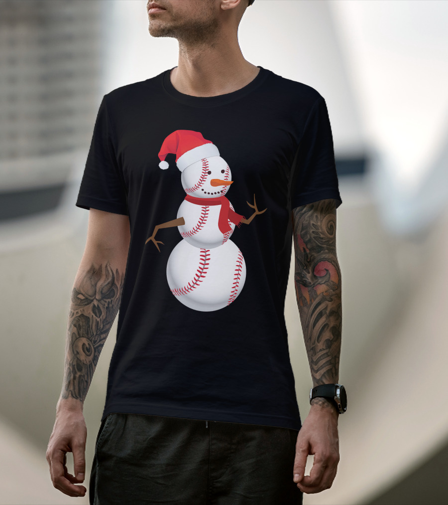 Snowman Made Of Baseballs With Santa Hat And Scarf T-Shirt