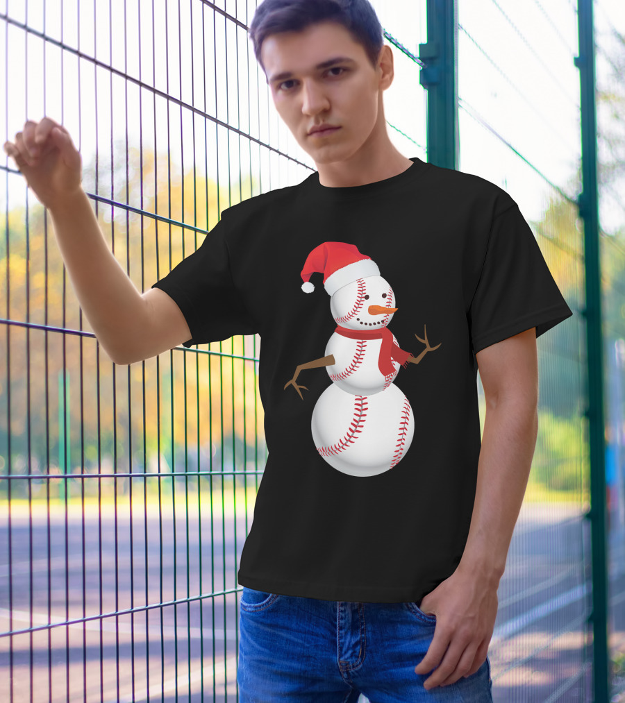 Snowman Made Of Baseballs With Santa Hat And Scarf T-Shirt