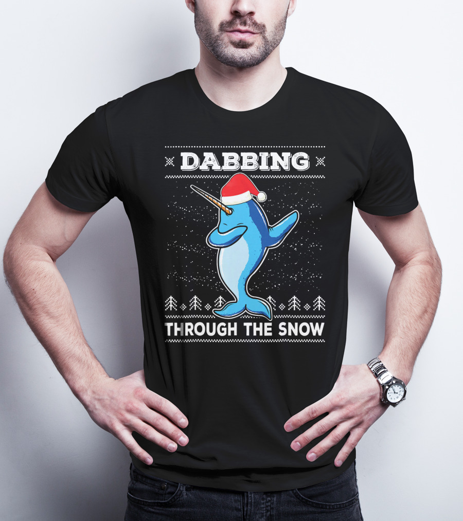 Dabbing Through The Snow Narwhal With Santa Hat T-Shirt