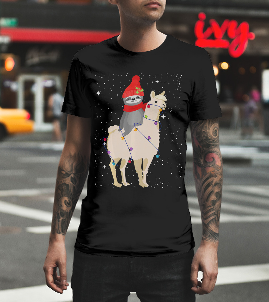 Sloth In Red Beanie And Scarf Riding Llama With Christmas Lights T-Shirt