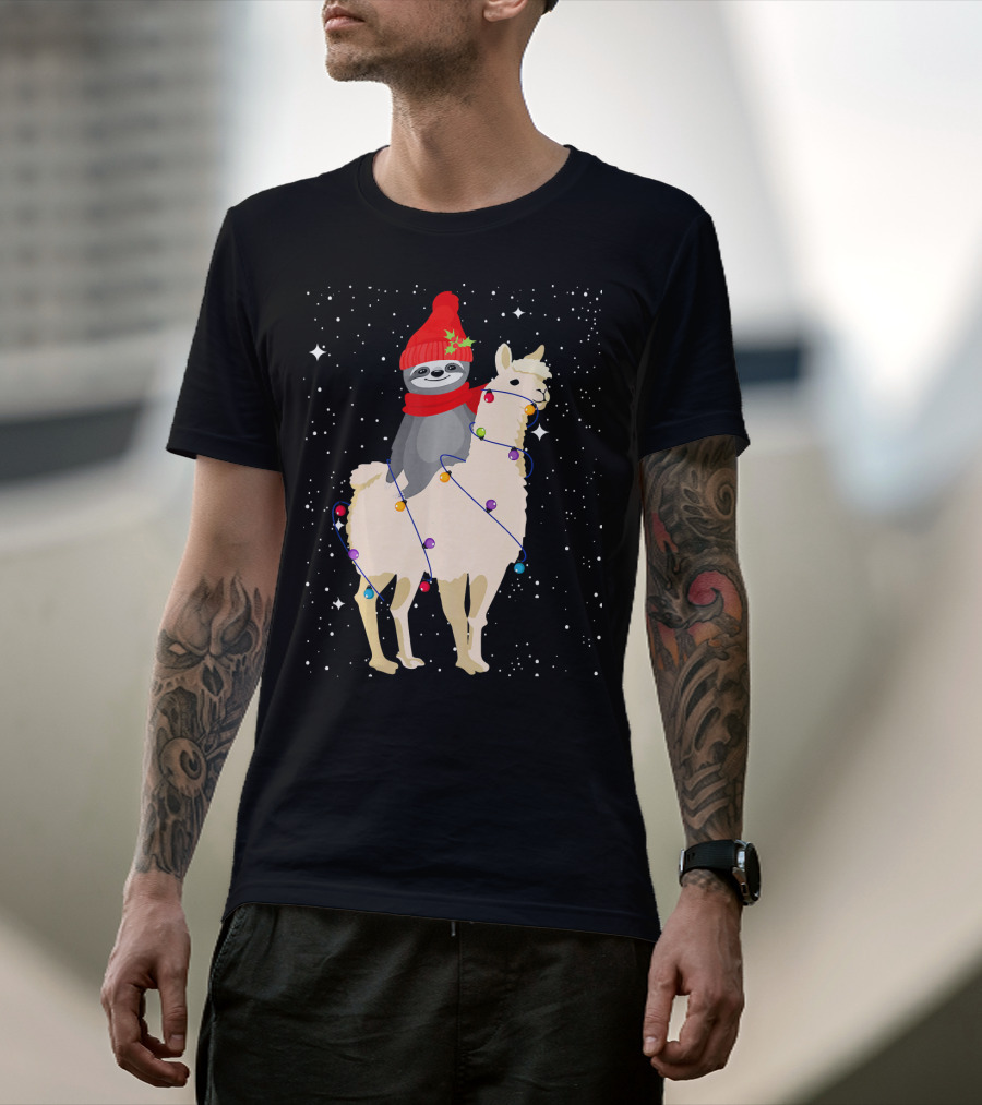 Sloth In Red Beanie And Scarf Riding Llama With Christmas Lights T-Shirt