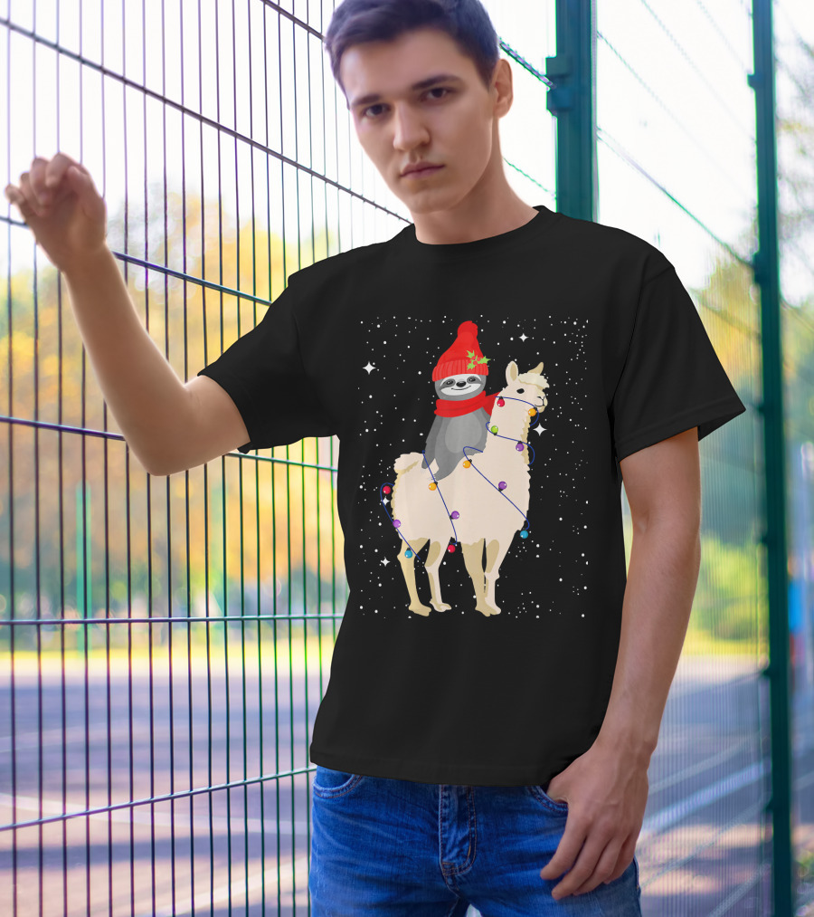 Sloth In Red Beanie And Scarf Riding Llama With Christmas Lights T-Shirt
