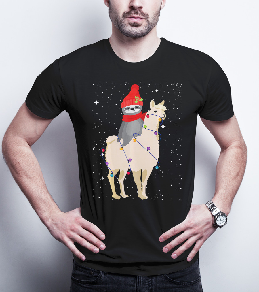 Sloth In Red Beanie And Scarf Riding Llama With Christmas Lights T-Shirt