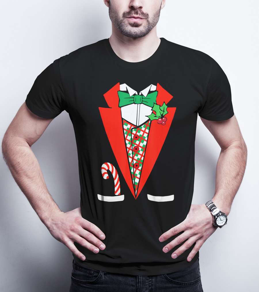 Candy Cane Green Red Tuxedo With Holly Bow Tie T-Shirt