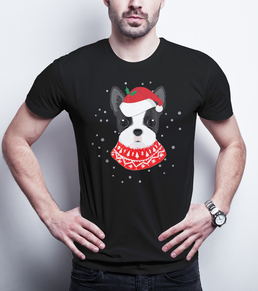 Boston Terrier In Santa Claus Hat With Festive Sweater And Snowflakes T-Shirt