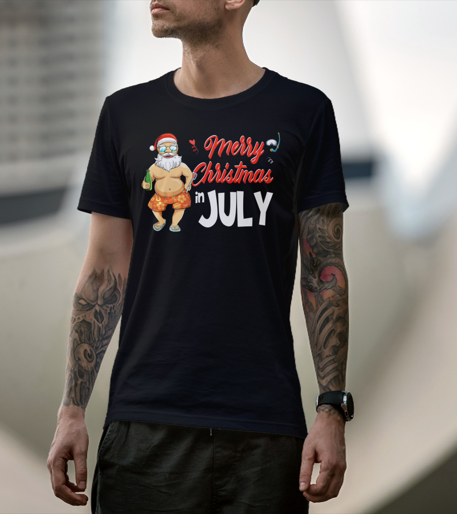 Merry Christmas In July Santa Claus Summer Beach Vibes T-Shirt
