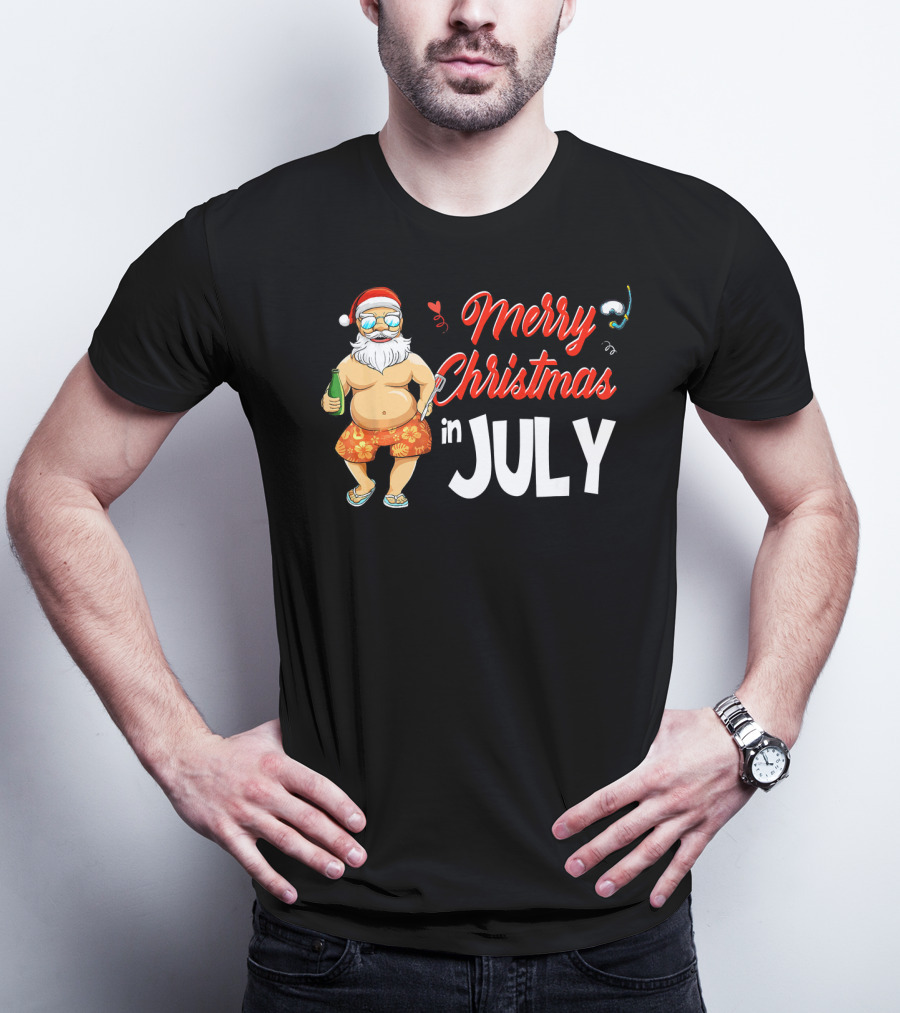 Merry Christmas In July Santa Claus Summer Beach Vibes T-Shirt