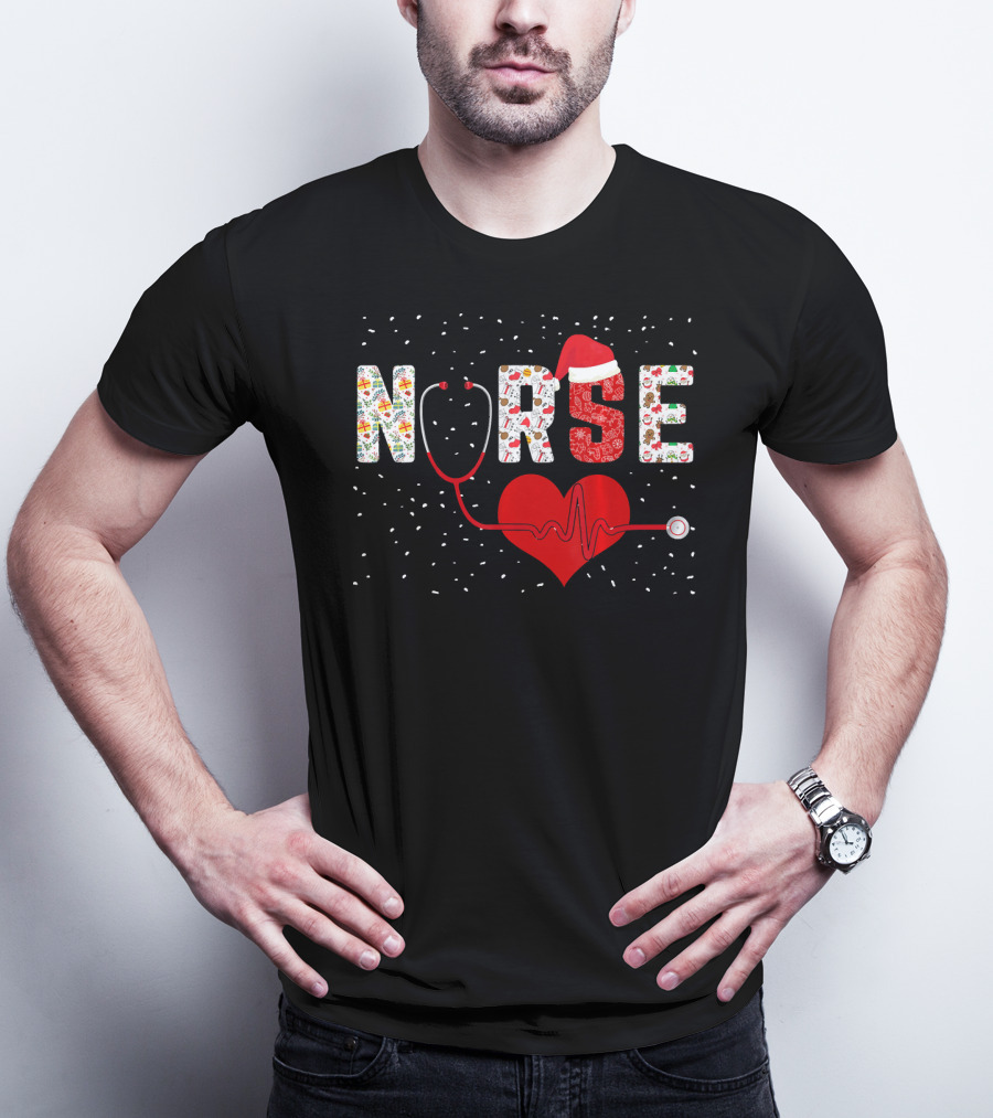 Nurse Christmas Heart Stethoscope Snowflakes Santa Hat T-Shirt