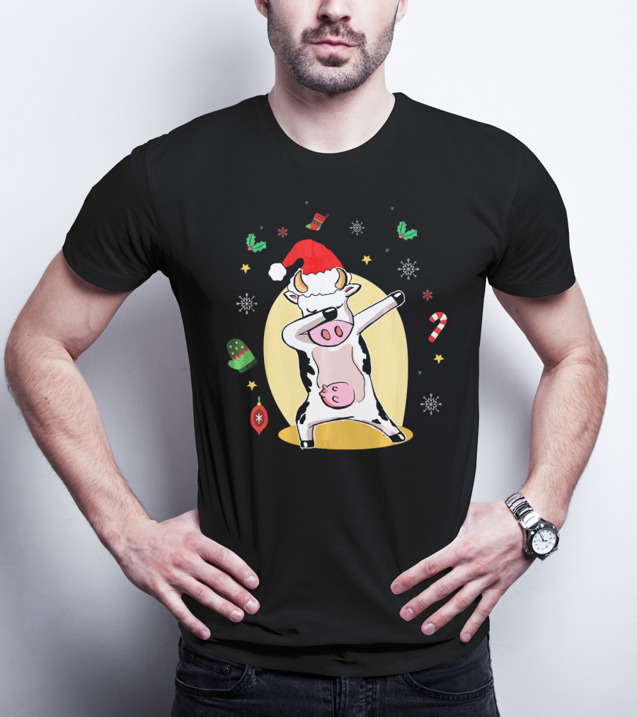Cute Cow Dabbing Merry Santa Hat Christmas Candy Cane Snowflakes T-Shirt