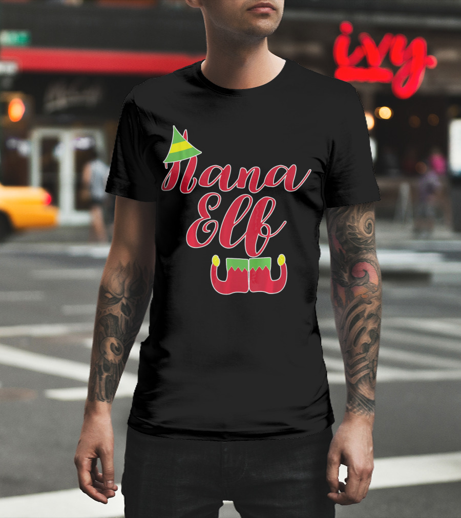 Nana Elf Funny Christmas With Elf Hat And Shoes T-Shirt