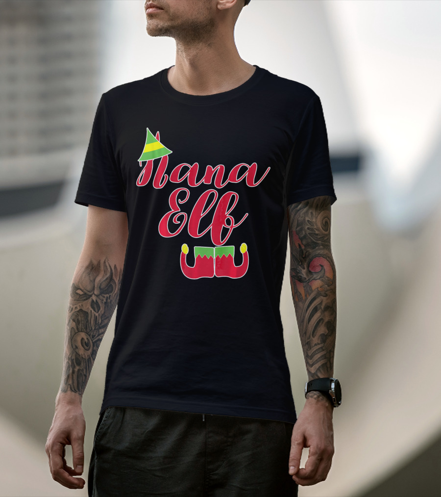 Nana Elf Funny Christmas With Elf Hat And Shoes T-Shirt